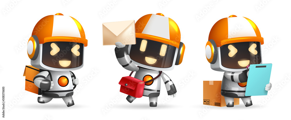 Robotic assistant characters vector set. Robots ai characters holding bags, mail and checklist ...