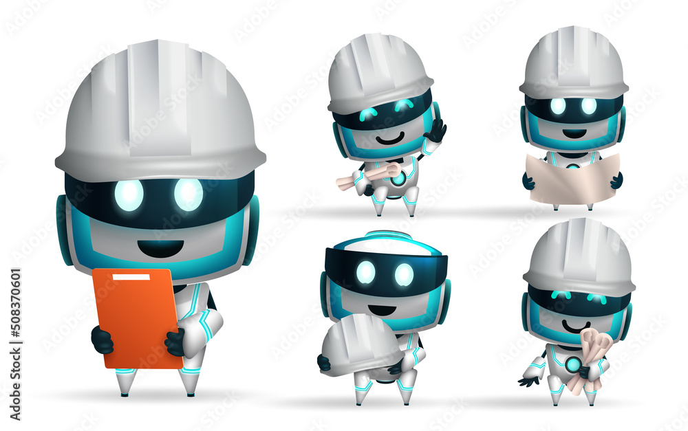 Robots character vector set design. Robot ai characters with hard hat ...