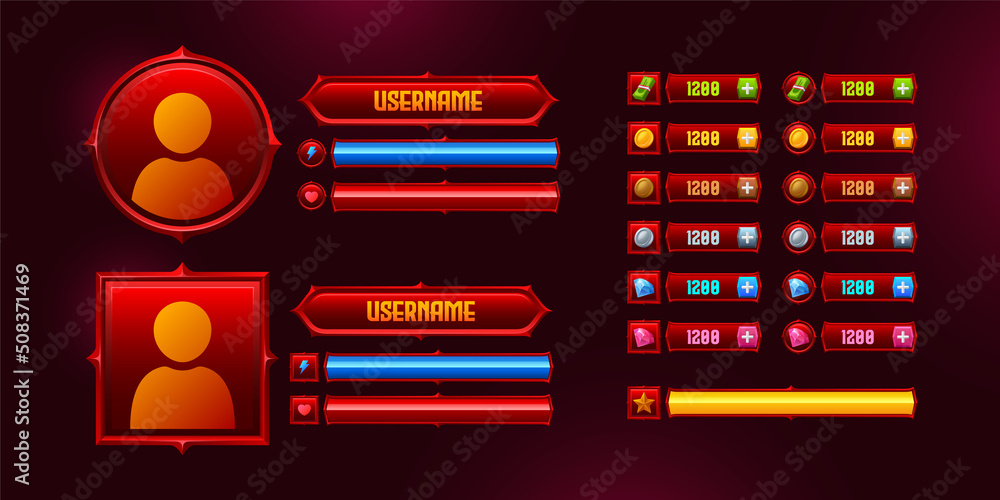 Game user profile elements with avatar, progress bars and icons in ...