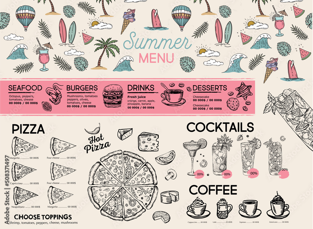 Summer menu, template design. Food flyer. Hand-drawn style. Vector ...