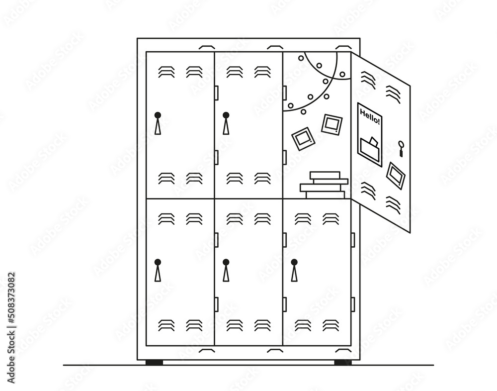 Five closed school lockers and one open drawing in line art style ...
