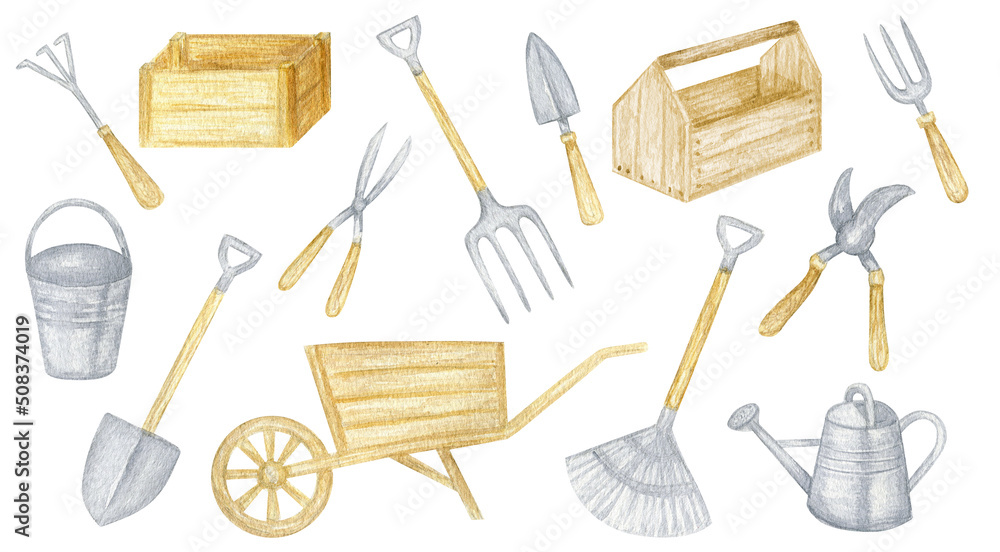 Watercolor Gardening tools set, spade fork rake pruner watering can ...