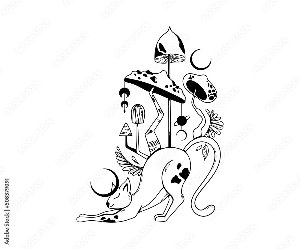 Mystical space cat and mushrooms isolated clip art, hand drawn ...