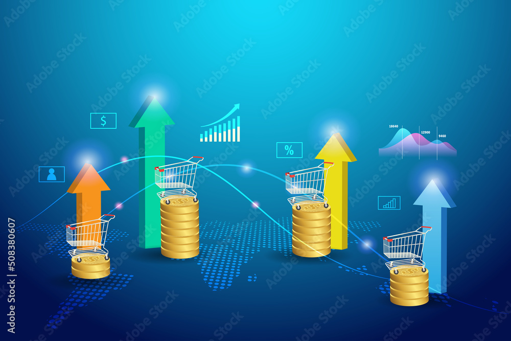 Growth graph with shopping cart on gold coins on world map. Growth of ...