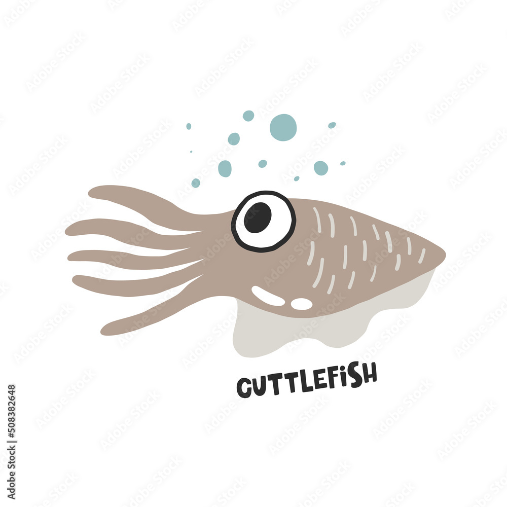 Cuttlefish. Hand drawn vector cartoon illustration for kids. Amusing ...