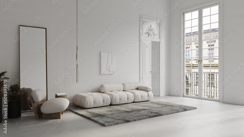 White room in classical style mockup 3d render with large decorated ...