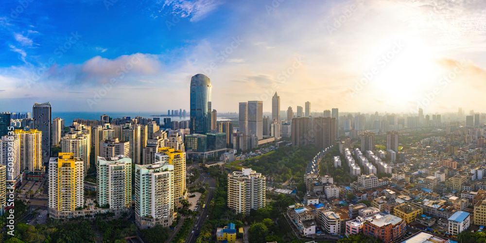 Haikou Cityscape during Sunrise, with Tallest Landmark Buildings in the ...