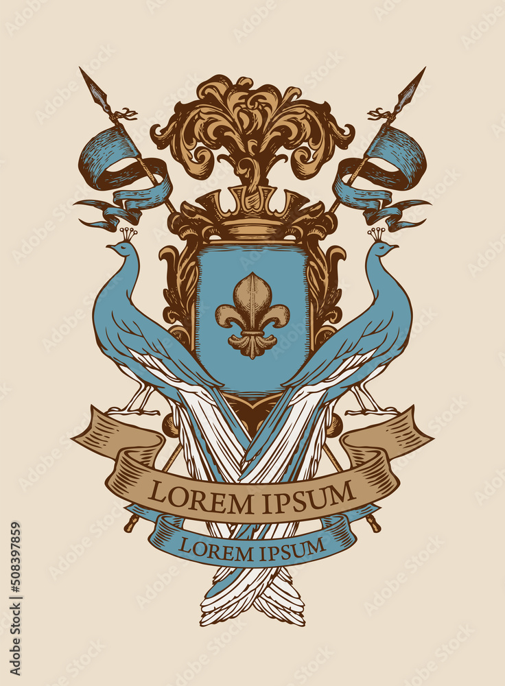 Vector heraldic Coat of arms with peacocks, crown, spears, ribbon and ...