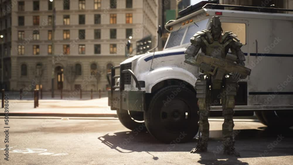 Robotic police officers with guns standing next to an armoured police ...