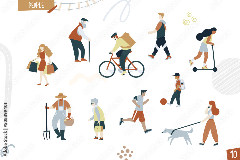 Set of walking people. Cartoon funny illustration isolated on white ...