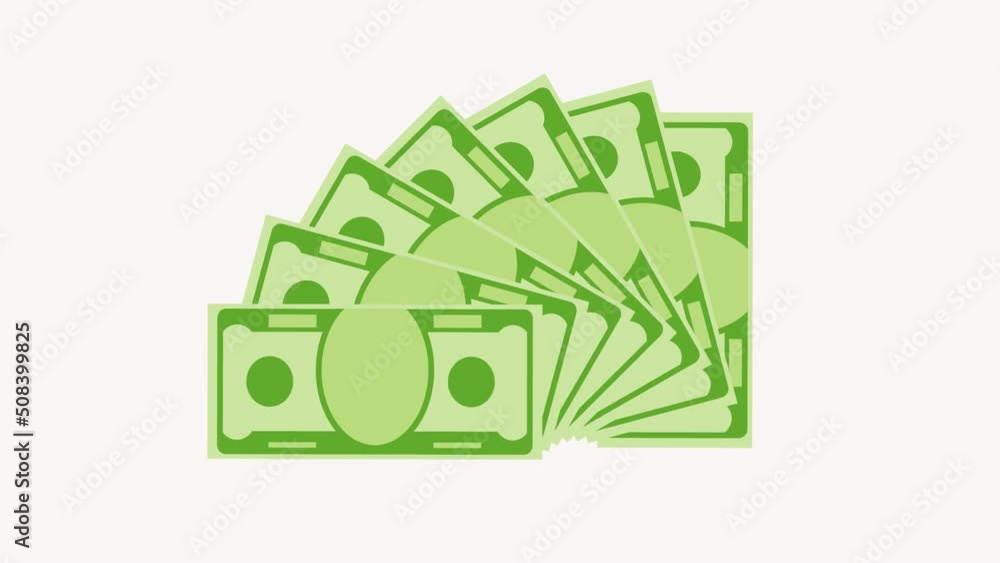 Banknotes falls from above and piles up in a big pile. Money animation ...