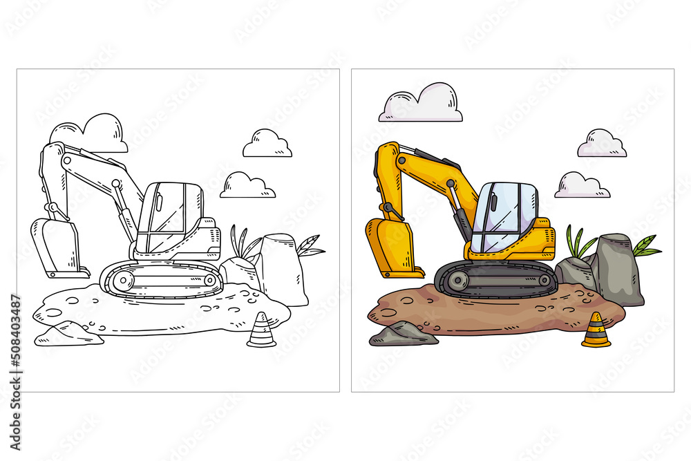Hand drawn cute Construction Vehicle for coloring page (Excavator) Stock Vector | Adobe Stock