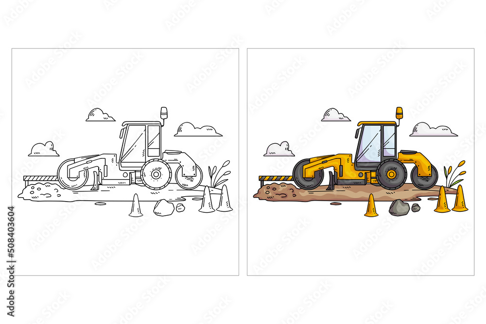 Hand drawn cute Construction Vehicle for coloring page (road grader ...
