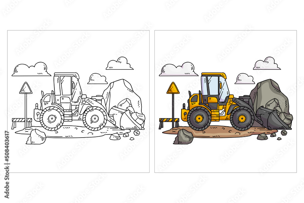 Hand drawn cute Construction Vehicle for coloring page (wheel loader ...