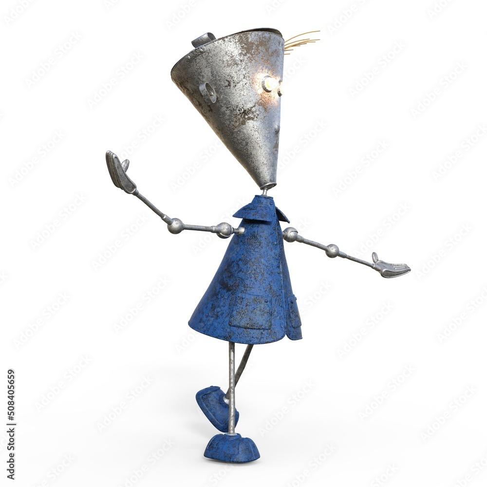 3D-illustration of a cute and funny cartoon robot made from scrap metal ...