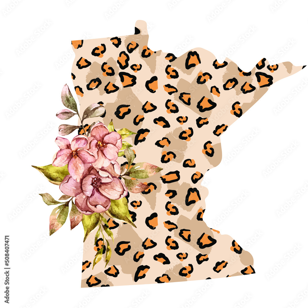 Floral USA Minnesota map decorated with watercolor flower bouquet ...