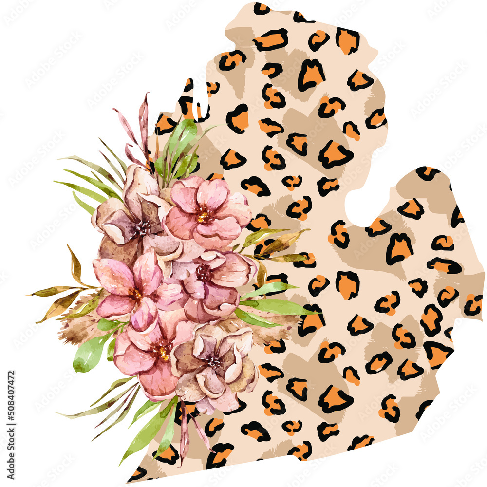 Floral USA Michigan map decorated with watercolor flower bouquet ...