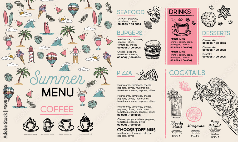 Summer menu, template design. Food flyer. Hand-drawn style. Vector ...
