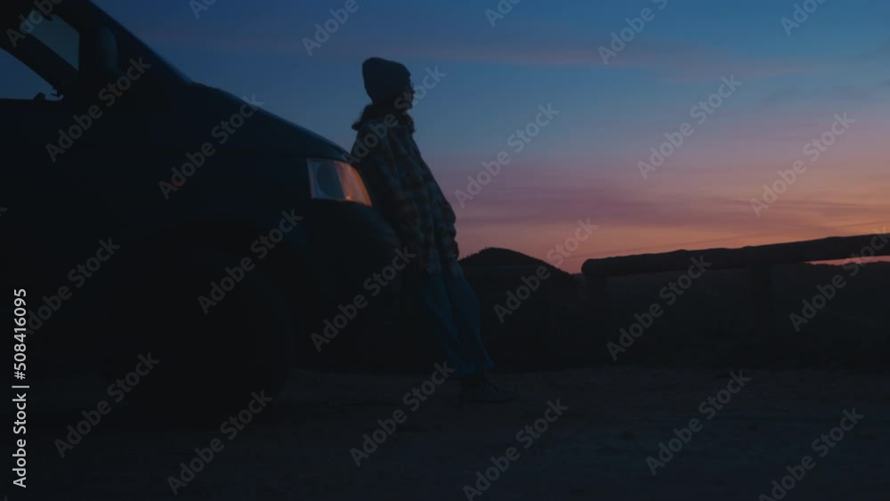 Cinematic lens soft view, blurry focus on young lonely woman, traveler ...