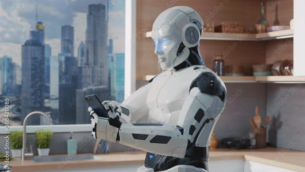Footage of white smart robot using gadget, looking out of window ...
