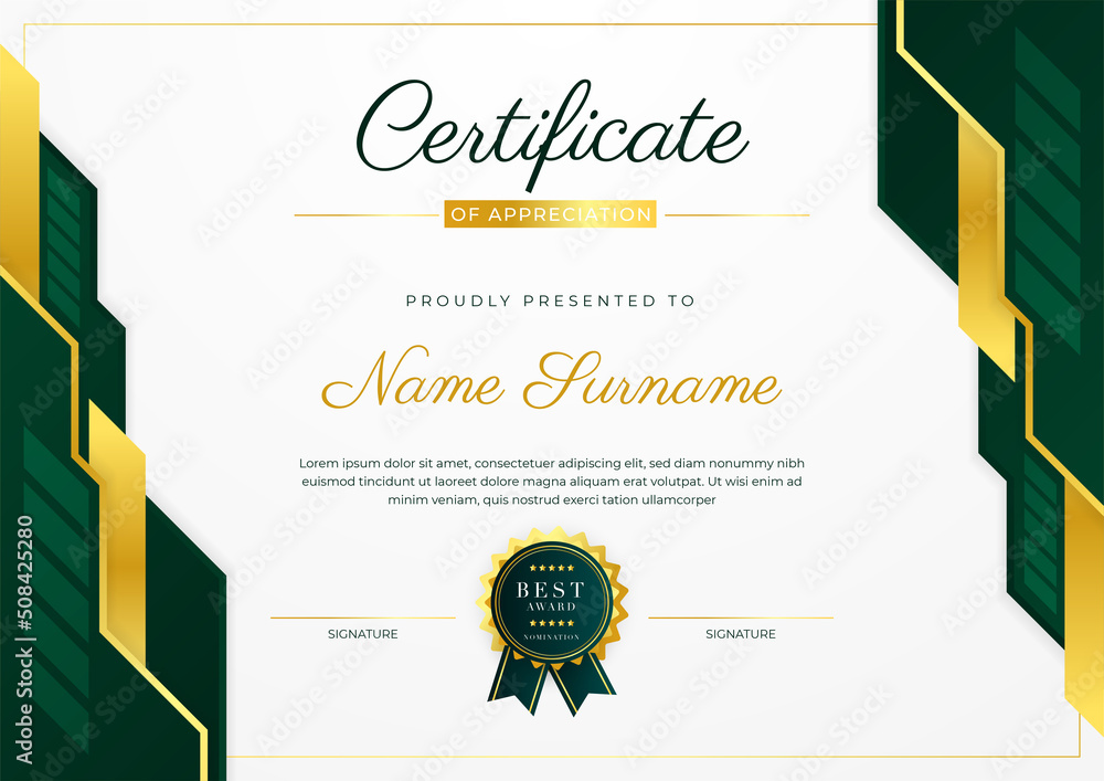 Certificate green template with modern luxury pattern and golden lines ...