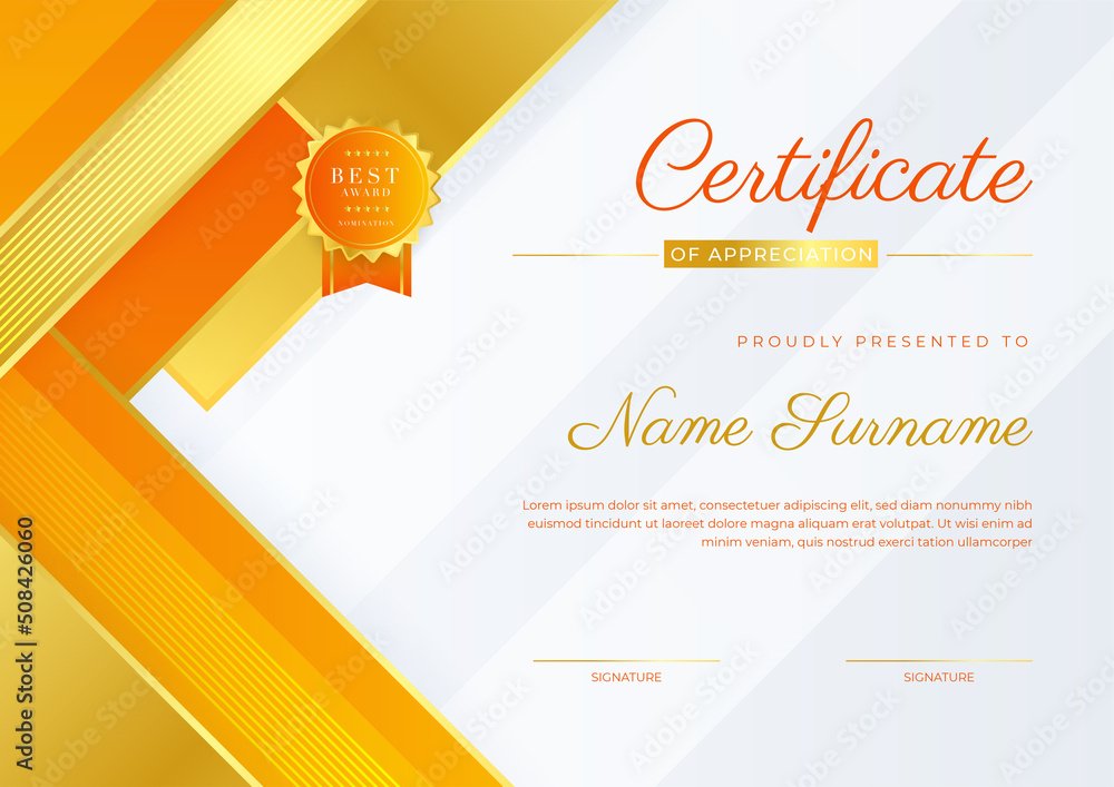 Certificate orange template with modern luxury pattern and golden lines. Vector illustration and ...