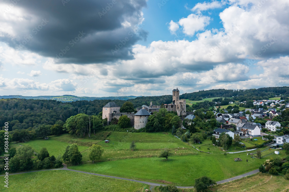 Bird's-eye view of the Greifenstein castle ruins in the Westerwald in ...