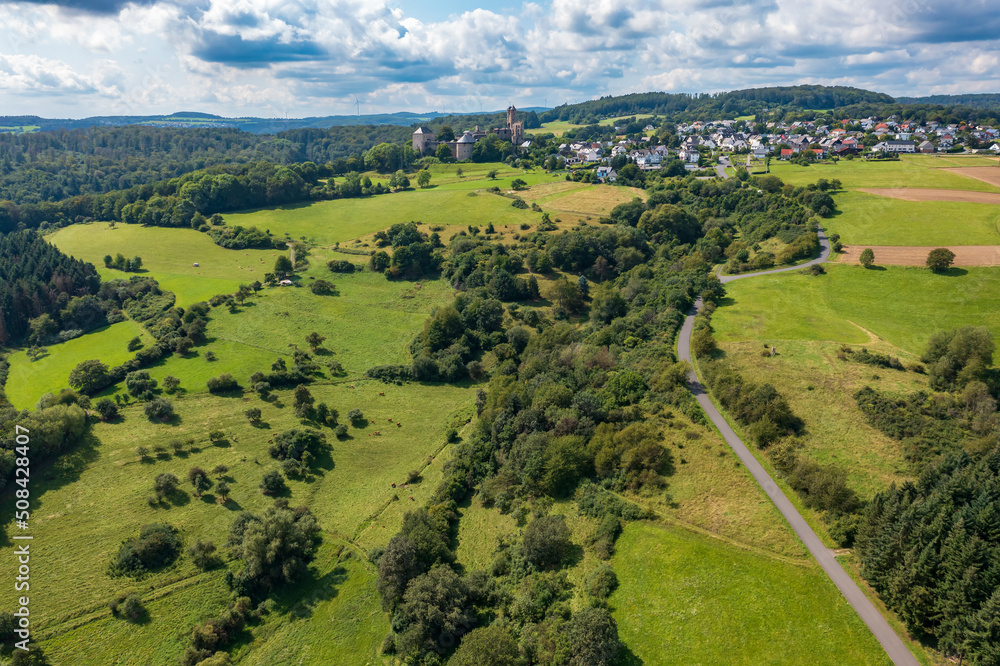 Bird's-eye view of the Greifenstein castle ruins in the Westerwald in ...
