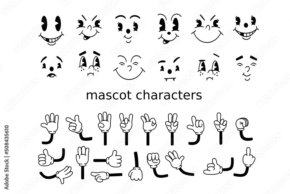 Vintage cartoon hands in gloves and feet in shoes. Cute animation ...