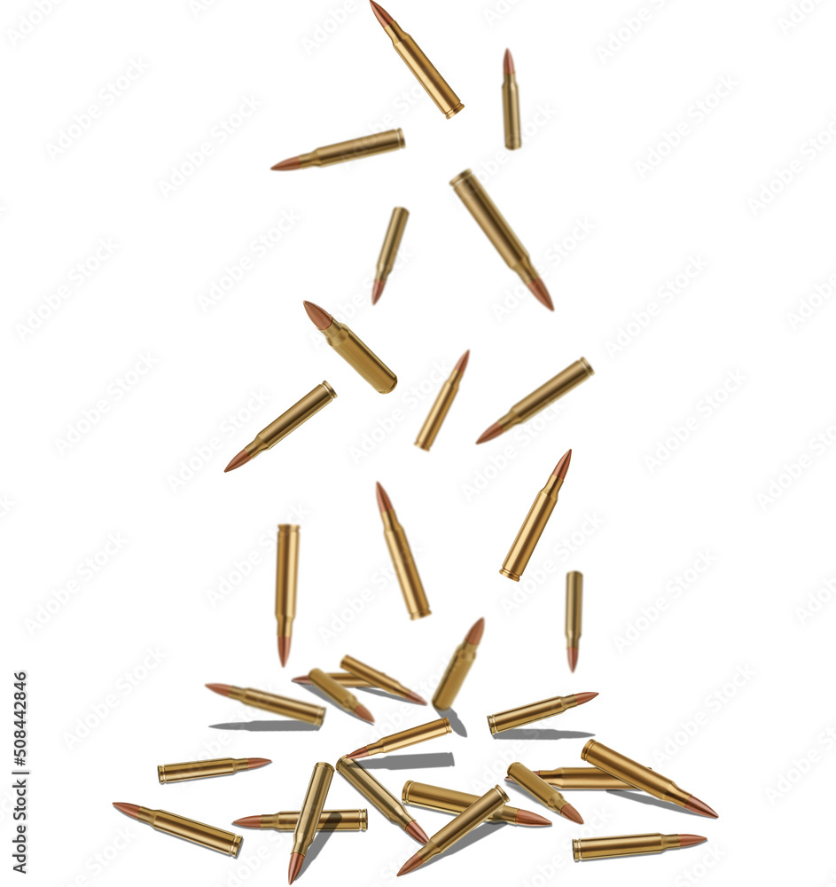 Many bullets falling on white background. Firearm ammunition Stock ...