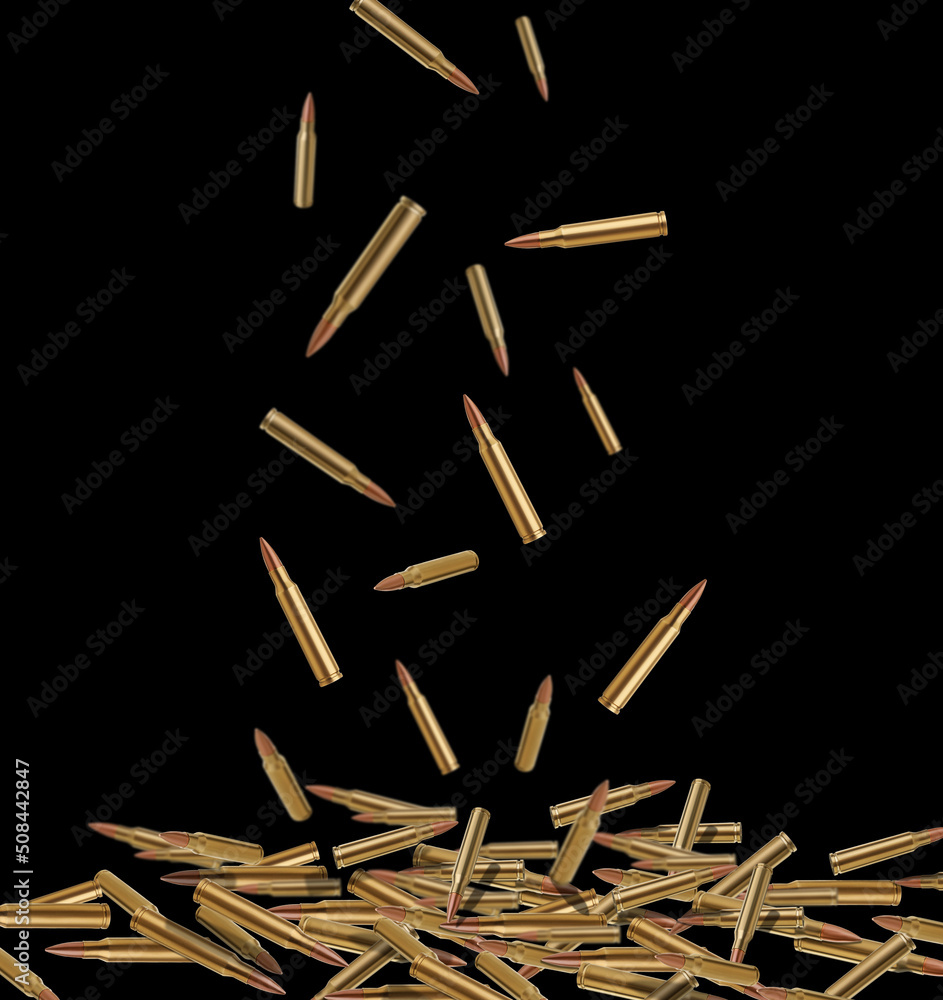 Many bullets falling on black background. Firearm ammunition Stock ...