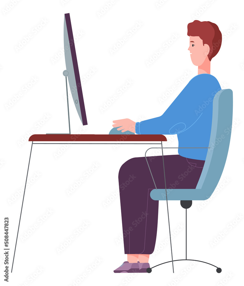 Healthy sitting posture. Man working on computer in right pose Stock ...