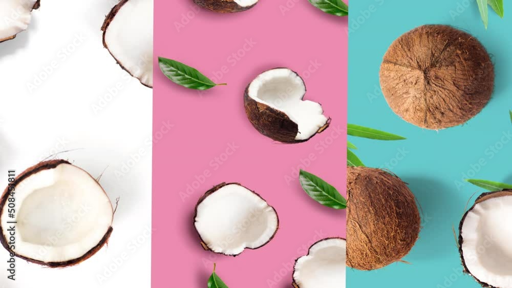 Whole and half fresh coconut set and slices animated on white,pink and ...