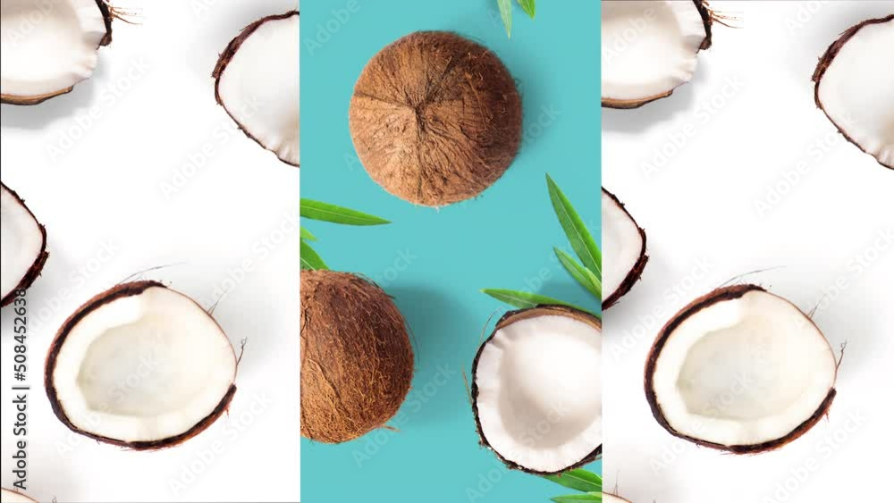 Whole and half fresh coconut set and slices animated on white and ...