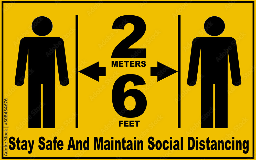 Social distance sign board with two persons, arrows, text with ...