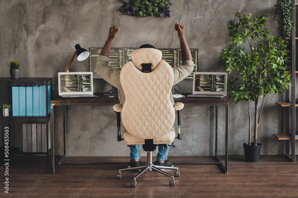 Back rear spine photo of guy safety service worker fist up protect ...