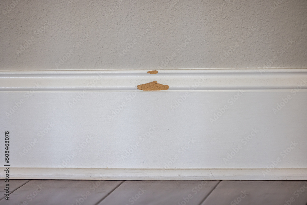 The white painted baseboard trim on a new construction house that has a ...