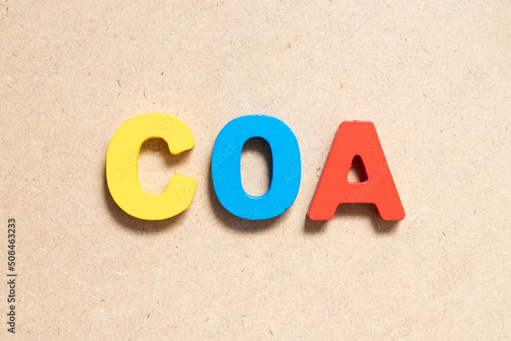 Color alphabet letter in word COA (abbreviation of certificate of ...