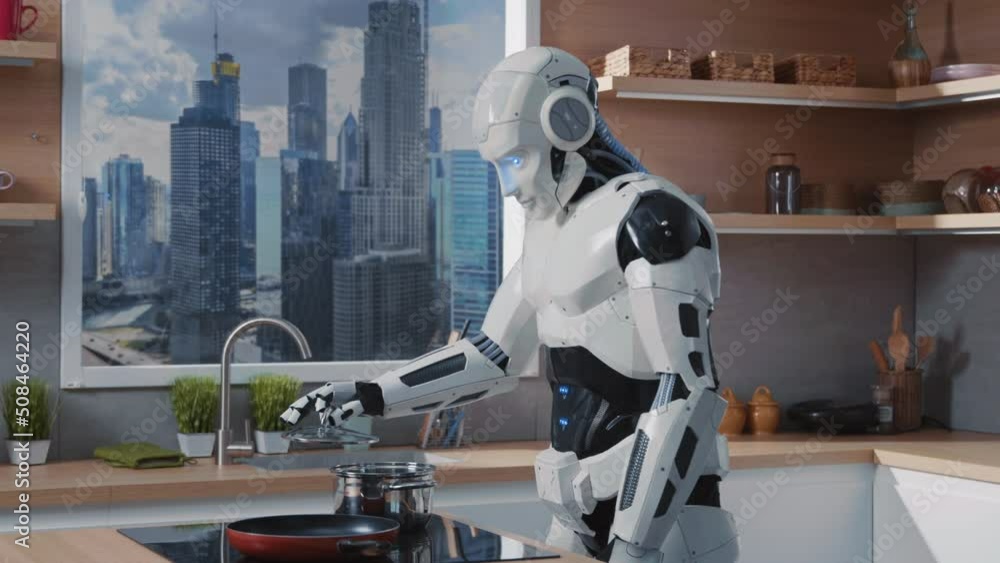 Robotic assistant lifting lid of pot while cooking. Footage of white ...