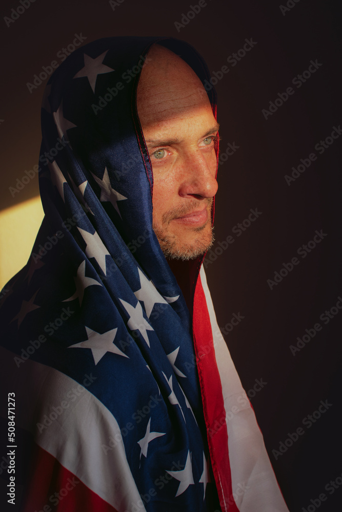 Headshot or lifestyle portrait of serious middle-aged man with American ...