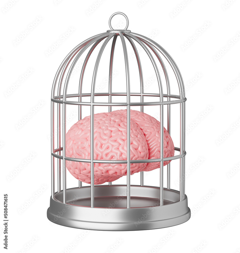 Poster Bird cage with human brain isolated on white. 3d render ...
