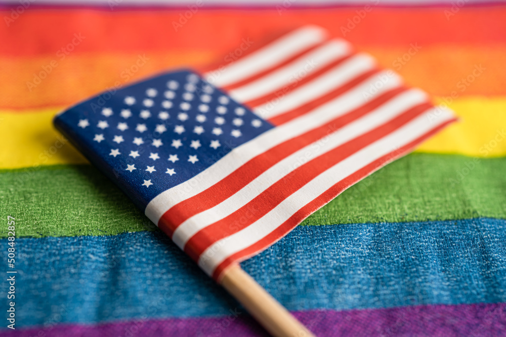 USA America flag on rainbow background symbol of LGBT gay pride month ...