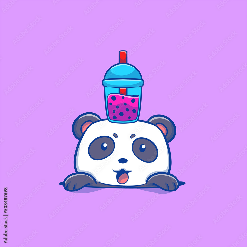 cute illustration of a panda with a cup of boba drink on its head for ...