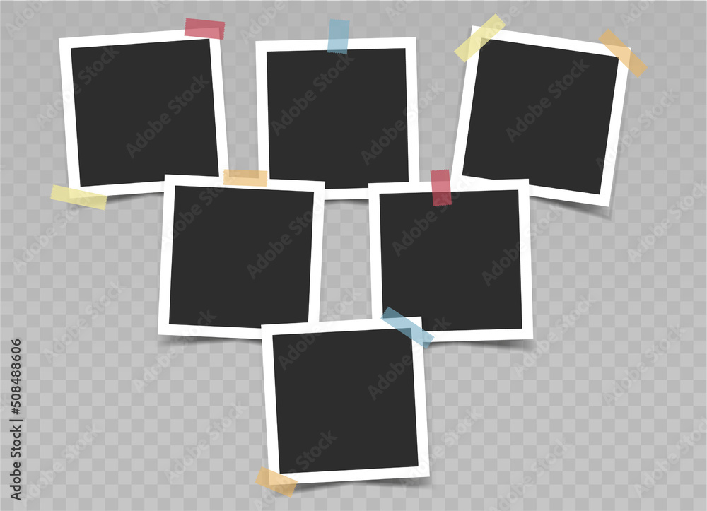 Set of black photo frames with color adhesive tape on transparent ...