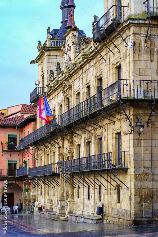 Leon Town Hall, old Gothic building with multiple windows and balconies ...