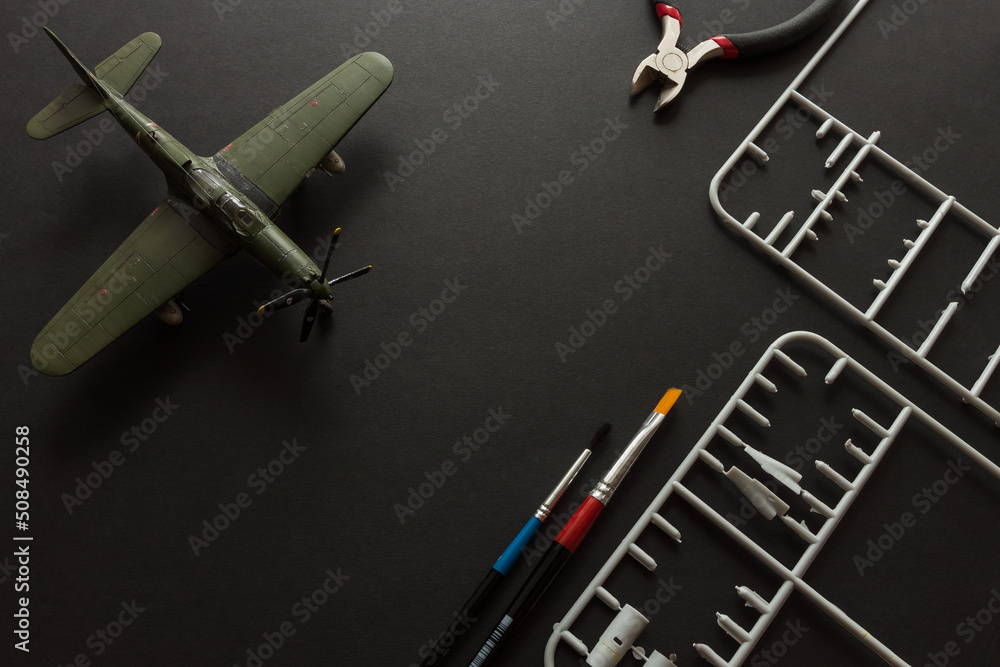 Scale model of a fighter aircraft with details and tools. Plastic ...