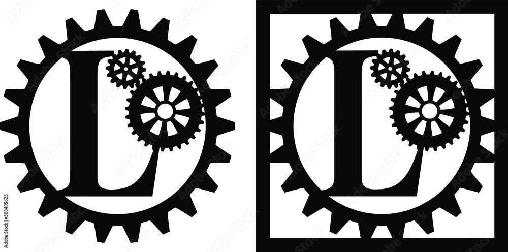 Latin letter L with gears. Steampunk cut file on white background. Card ...