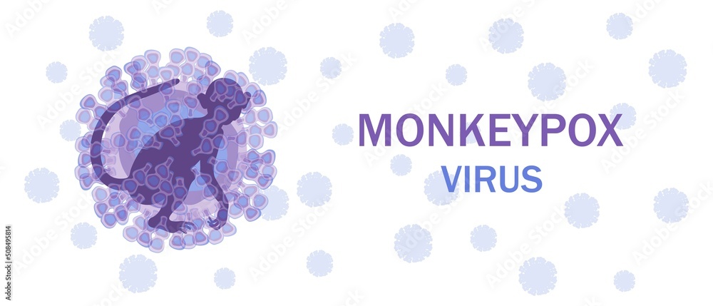 Cells of the monkeypox virus with a silhouette of a monkey inside on a ...