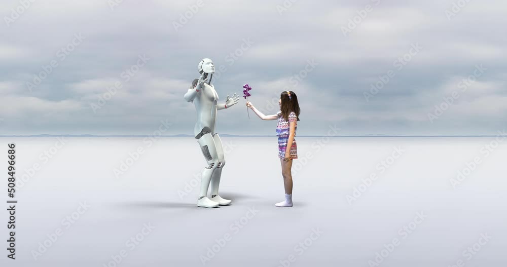 Small Happy Girl Offering Flower To A Robot. Robot Is Happy Now ...