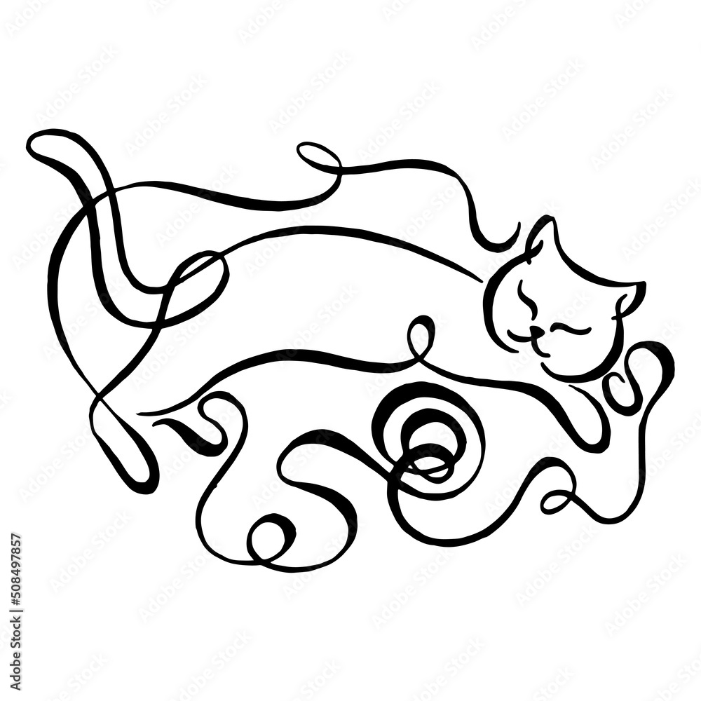 Cat playing with a ball of thread. Funny black and white ink line ...